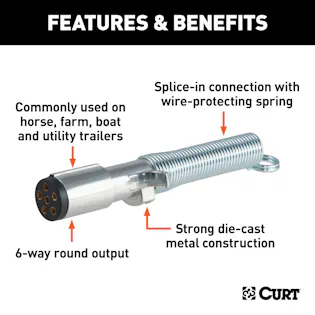 CURT 58083 6-Way Round Connector Plug with Spring (Trailer Side, Packaged)
