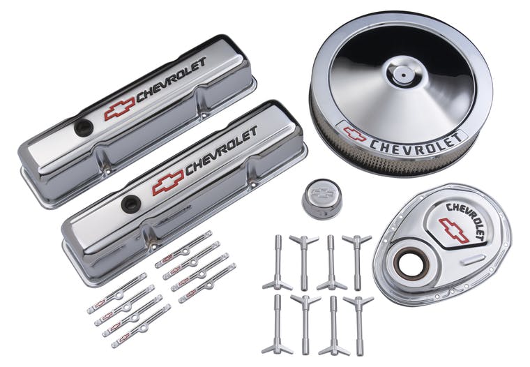 PROFORM 141 900 Engine Dress Up Kit Chrome w Red Chevy Logo Fits SB Block Chevy Engines